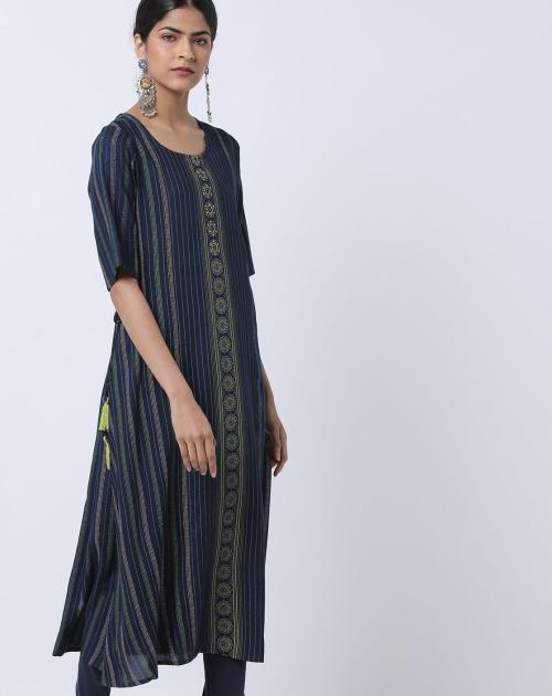 Buy Striped A-line Kurta with Side Tie-Ups Online at Best Prices in ...