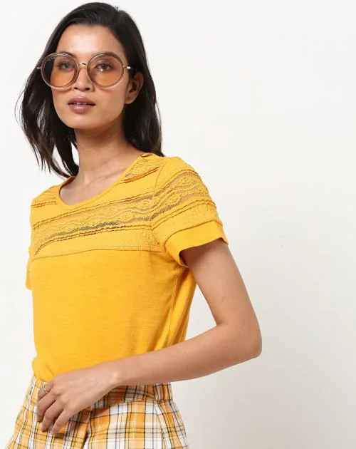 Buy Crew-Neck T-shirt with Lace Panels Online at Best Prices in India ...