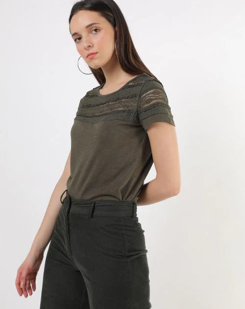 Buy Crew-Neck T-shirt with Lace Panels Online at Best Prices in India ...