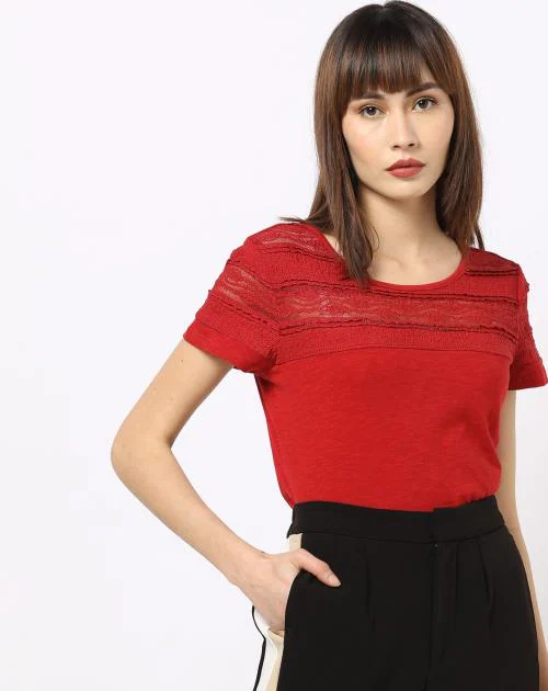 Buy Crew-Neck T-shirt with Lace Panels Online at Best Prices in India ...