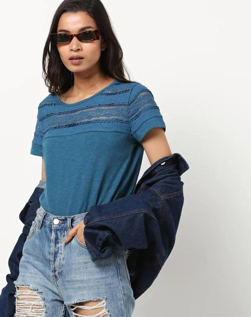 Buy Crew-Neck T-shirt with Lace Panels Online at Best Prices in India ...
