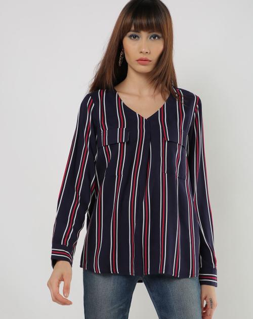 Buy Striped Tunic Top with Flap Pockets Online at Best Prices in India ...