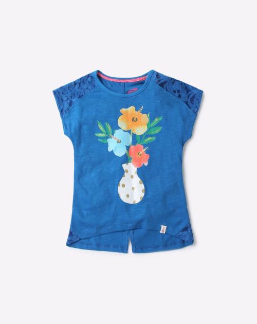 Buy Floral Print Round-Neck T-shirt with Lace Inserts Online at Best ...