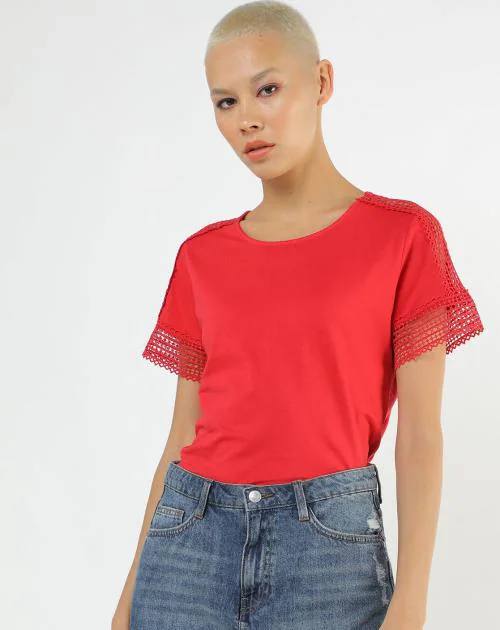 Buy Crew-Neck T-shirt with Lace Panels Online at Best Prices in India ...