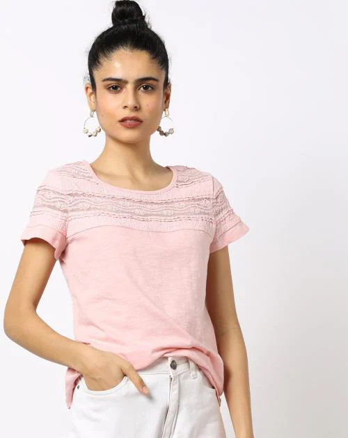 Buy Round-Neck Top with Lace Inserts Online at Best Prices in India ...