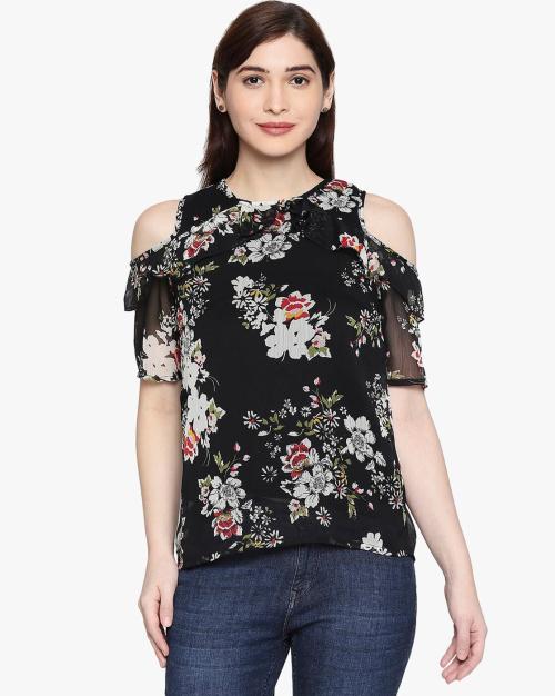 Buy Floral Print Cold-Shoulder Top with Ruffles Online at Best Prices ...