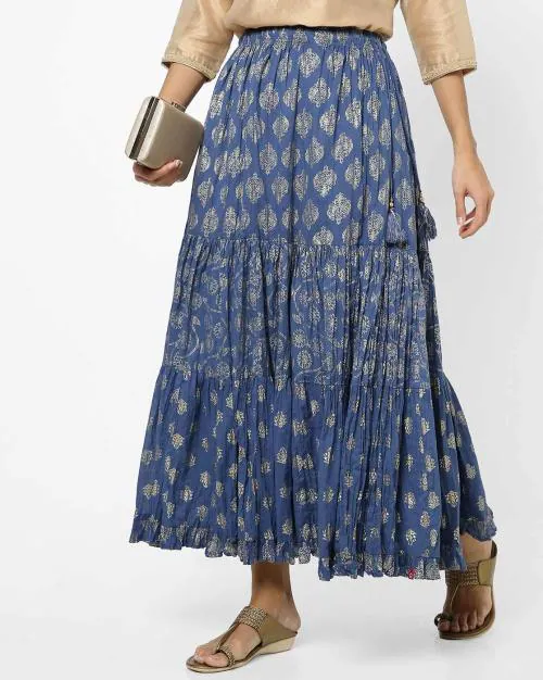 Buy Foil Block Print Tiered Flared Skirt Online at Best Prices in India ...