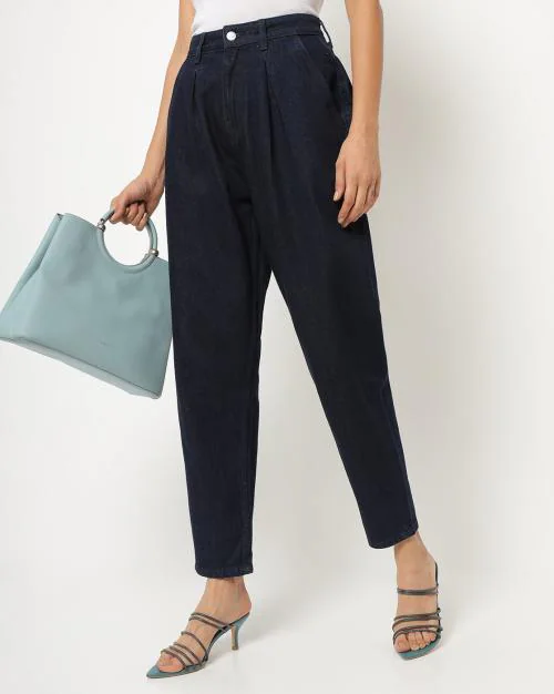 Buy Women Washed Pleat-Front Relaxed Fit Jeans Online at Best Prices in ...