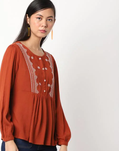 Buy Round-Neck Top with Embroidered Yoke Online at Best Prices in India ...