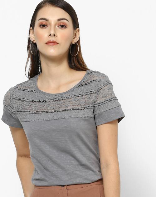 Buy Slim Fit Crew-Neck T-shirt with Lace Inserts Online at Best Prices ...