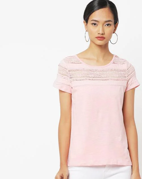 Buy Slim Fit Round-Neck T-shirt with Lace Inserts Online at Best Prices ...