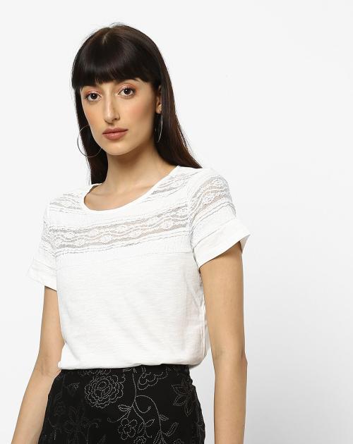Buy Slim Fit Round-Neck T-shirt with Lace Inserts Online at Best Prices ...