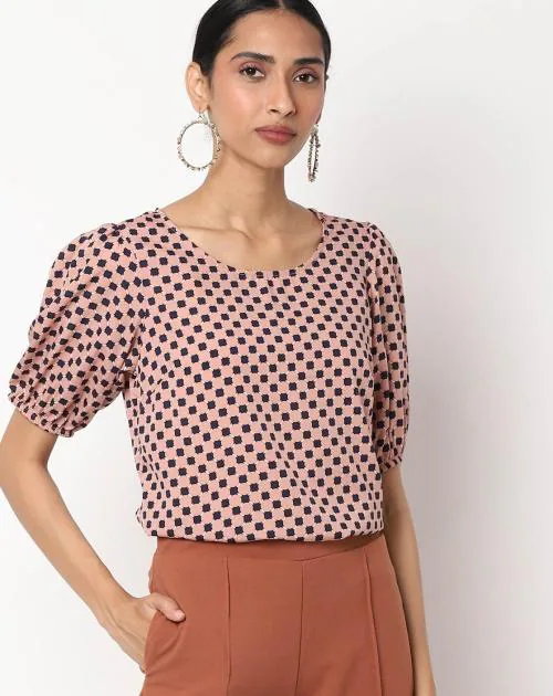 Buy Geometric Print Round-Neck Top with Balloon Sleeves Online at Best ...