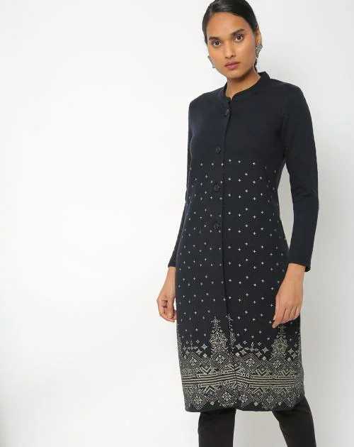 Buy Printed Button-Down Shrug with Band Collar Online at Best Prices in ...