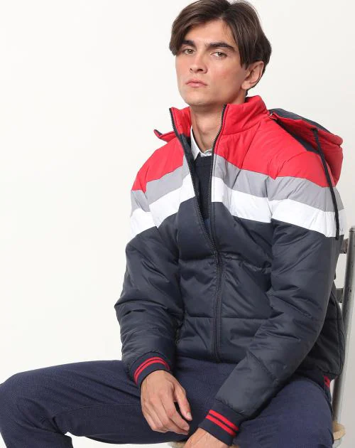 Buy Striped Puffer Jacket with Detachable Hood Online at Best Prices in ...