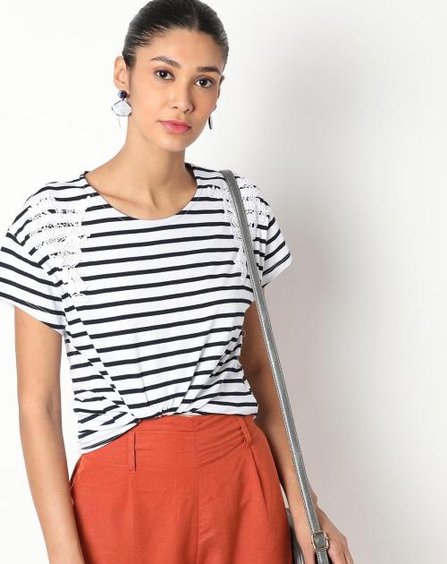 Buy Striped Crew-Neck T-shirt with Lace Inserts Online at Best Prices ...