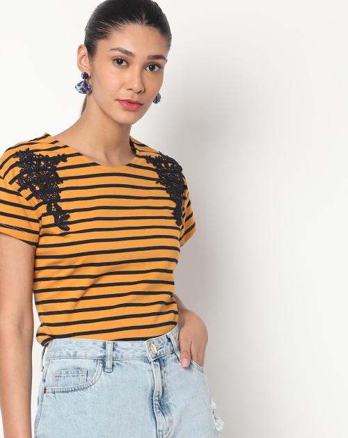 Buy Striped Crew-Neck T-shirt with Lace Inserts Online at Best Prices ...