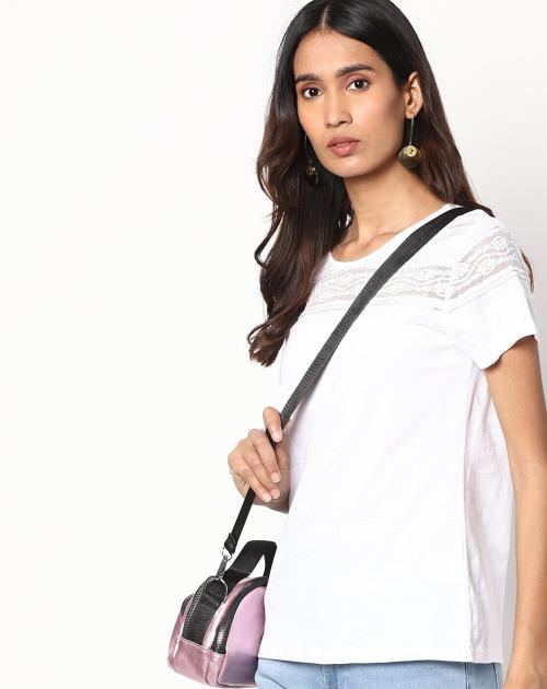 Buy Round-Neck T-shirt with Lace Inserts Online at Best Prices in India ...