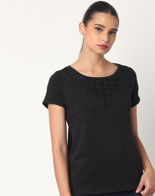 Buy Crew-Neck T-shirt with Lace Inserts Online at Best Prices in India ...
