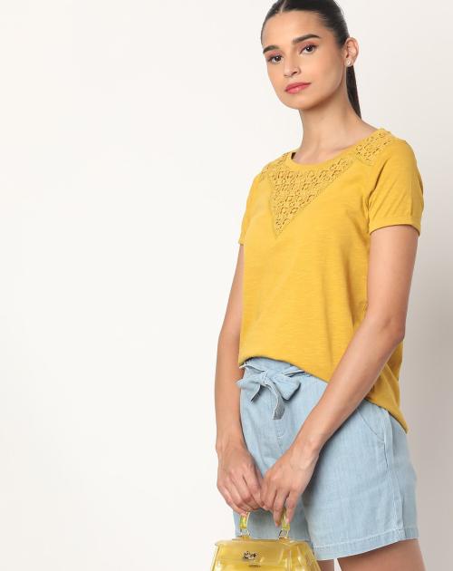 Buy Crew-Neck T-shirt with Lace Inserts Online at Best Prices in India ...