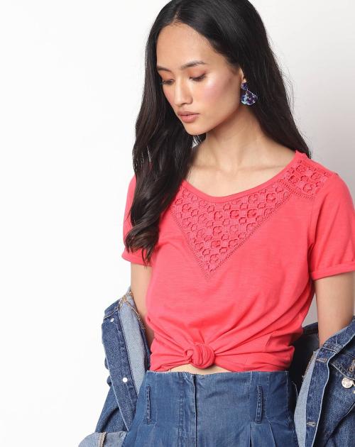 Buy Round-Neck T-shirt with Lace Inserts Online at Best Prices in India ...