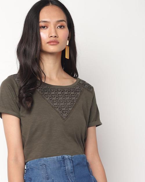 Buy Round-Neck T-shirt with Lace Inserts Online at Best Prices in India ...