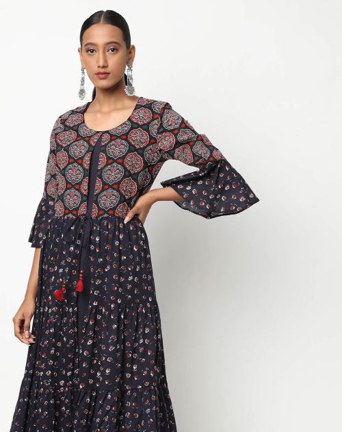 Buy Printed Open-Front Tiered Dress with Inner Slip Online at Best ...