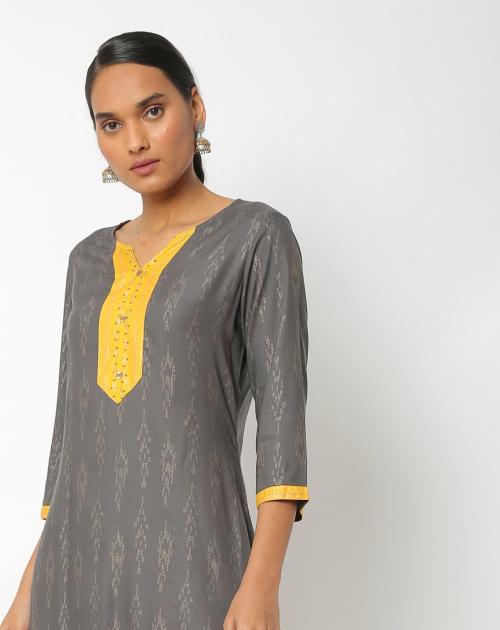 Buy Ikkat Print Straight Kurta with Contrast Panel Online at Best ...