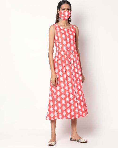 Buy Printed Pleated A-line Dress with Mask Online at Best Prices in ...