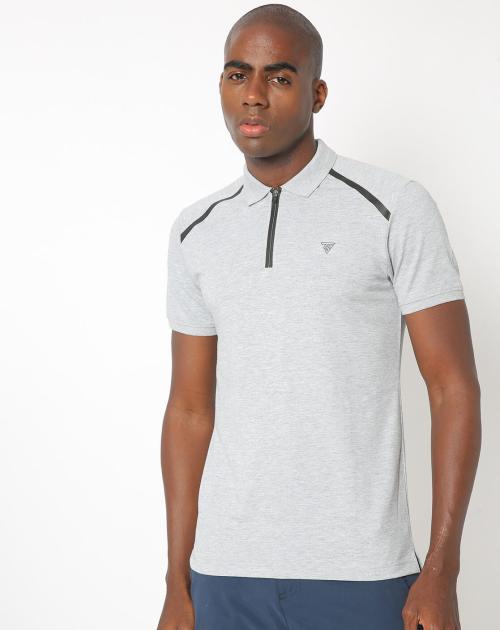 Buy Regular Fit Heathered Polo T-Shirt with Zip Placket Online at Best ...