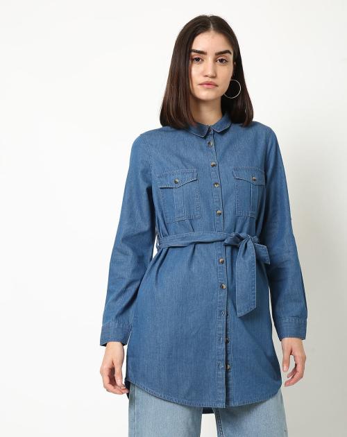 Buy Denim Shirt Tunic with Fabric Belt Online at Best Prices in India ...