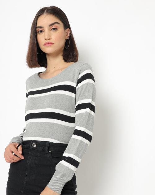 Buy Striped Round-Neck Flat-knit Pullover Online at Best Prices in ...
