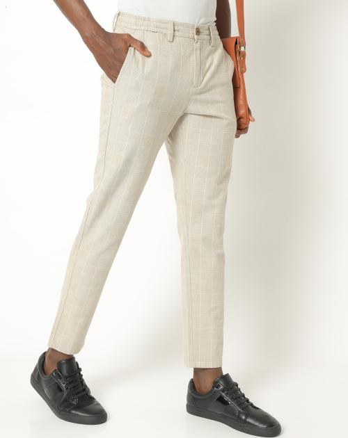 Buy Checked Mid-Rise Flat-Front Cropped Slim Fit Chinos Online at Best ...
