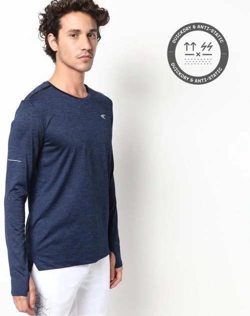 Buy Regular Fit Heathered Quick-Dry Crew-Neck T-Shirt with Thumb Loops ...