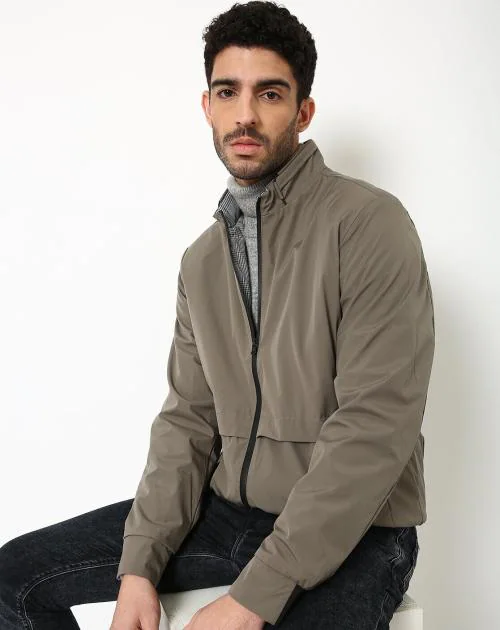 Slim Fit Zip-Front Bomber Jacket with Pockets - JioMart