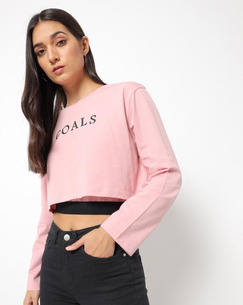 Buy Typographic Print Cropped Crew-Neck T-shirt Online at Best Prices ...