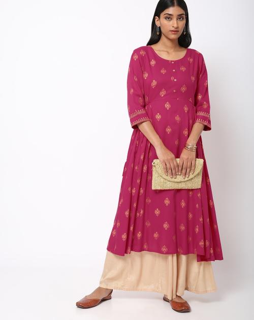 Buy Block Print A-line Kurta with Side Tie-Ups Online at Best Prices in ...