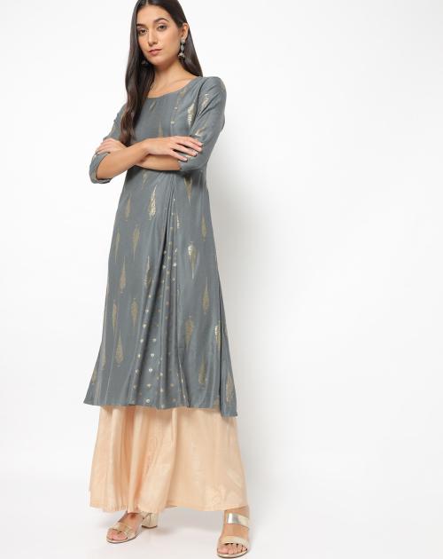 Buy Textured Round-Neck A-line Kurta with Side Pockets Online at Best ...