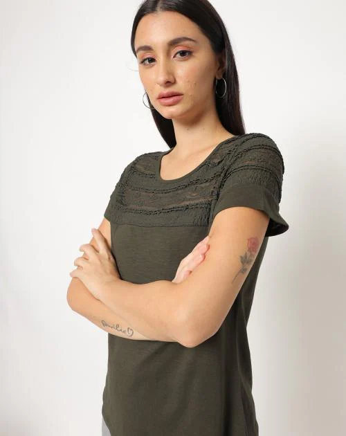 Buy Round-Neck Top with Lace Yoke Online at Best Prices in India - JioMart.