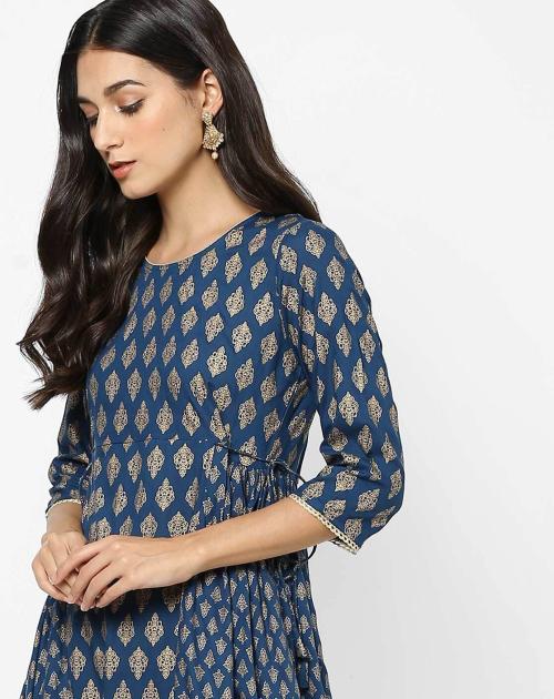 Buy Printed A-line Kurta with Side Tie-Ups Online at Best Prices in ...