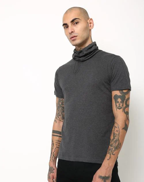 Buy Regular Fit Heathered Snood-Neckline T-Shirt Online at Best Prices ...