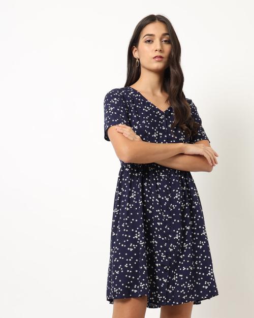 Buy Printed Button-Down Flared Dress Online at Best Prices in India ...