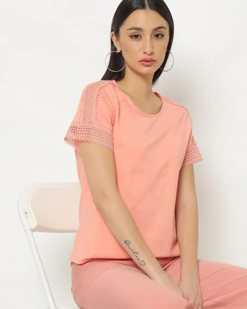 Buy Round-Neck T-shirt with Lace Insert Online at Best Prices in India ...