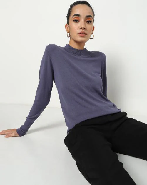 Buy High-Neck Pullover with Ribbed Hem Online at Best Prices in India ...