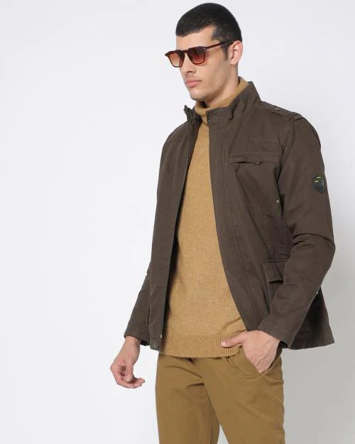 Buy Slim Fit Zip-Front Jacket with Mock Collar Online at Best Prices in ...