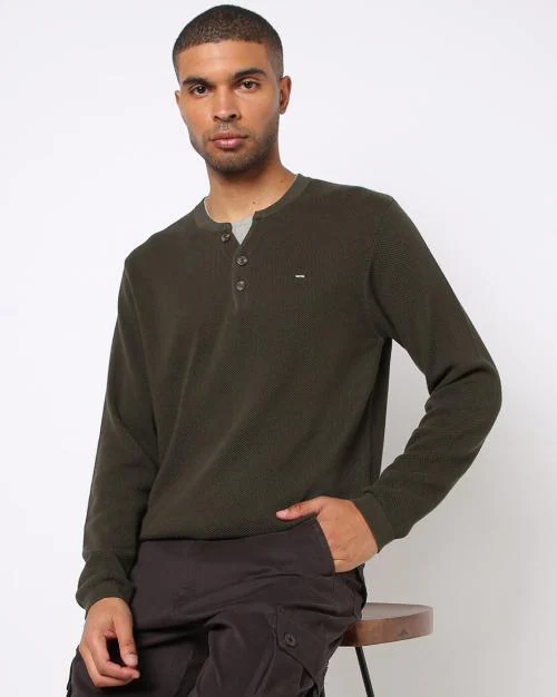 Buy Regular Fit Textured Henley T-Shirt Online at Best Prices in India ...