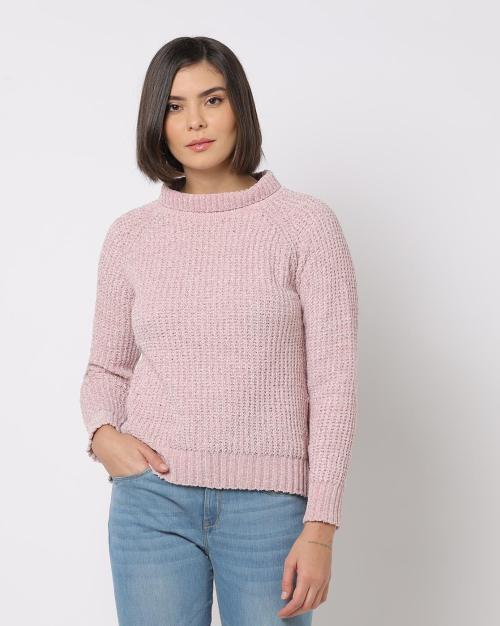 Buy Raised-Neck Chenille Sweater with Raglan Sleeves Online at Best ...