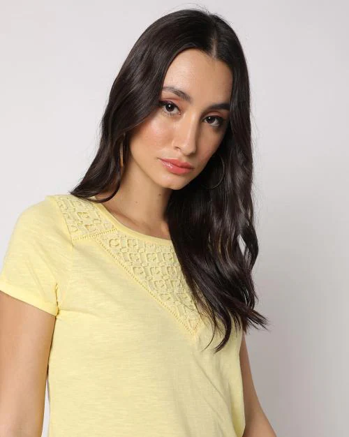 Buy Heathered Round-Neck T-shirt with Lace Insert Online at Best Prices ...