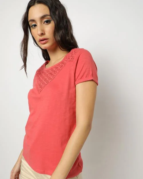 Buy Heathered Round-Neck T-shirt with Lace Insert Online at Best Prices ...