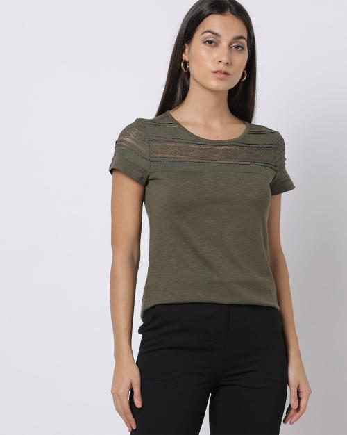 Buy Crew-Neck T-Shirt with Lace Inserts Online at Best Prices in India ...
